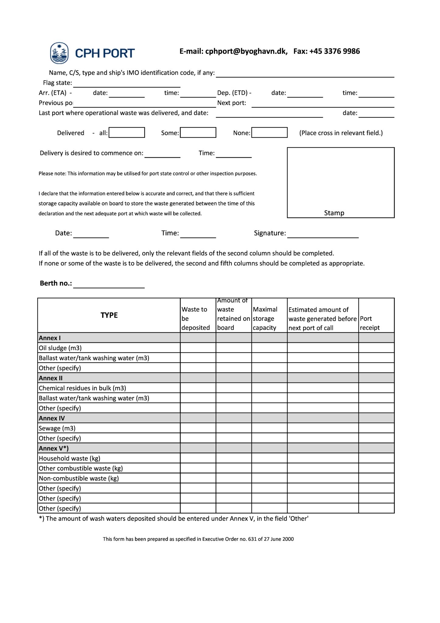 Waste declaration form (affaldsformular) - By & Havn